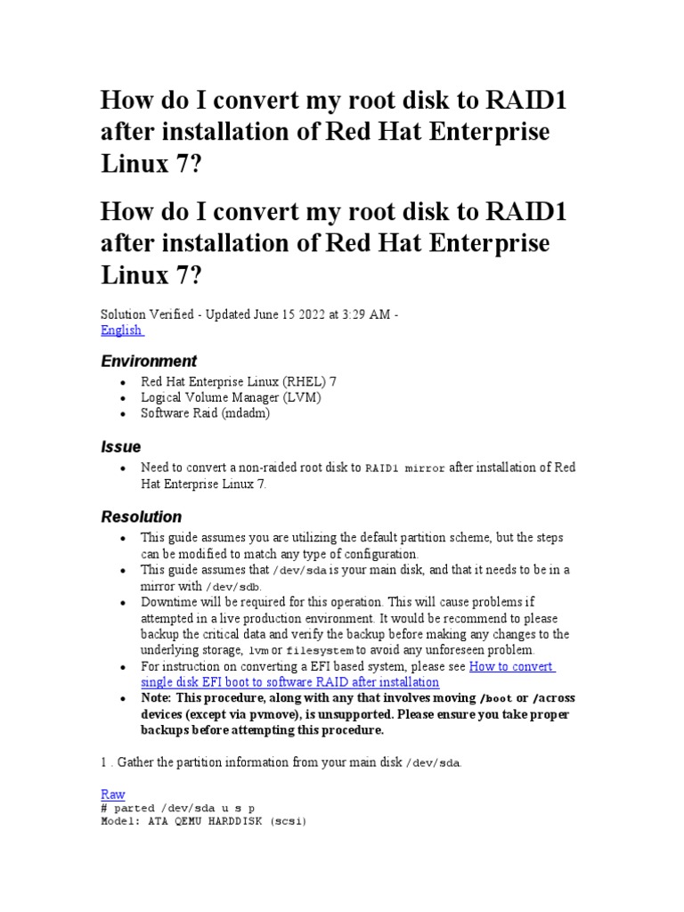 How Do I Convert My Root Disk To RAID1 After Installation of Red Hat ...