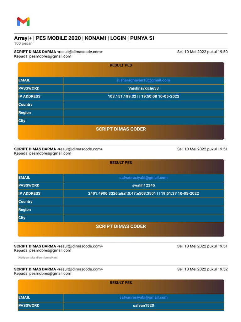 Gmail - Array - + - PES MOBILE 2020 - KONAMI - LOGIN - PUNYA SI | Download Free PDF | Computer ...
