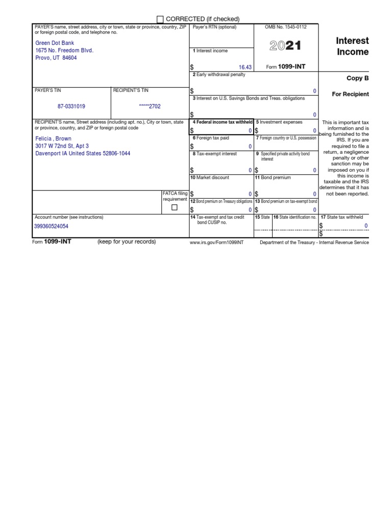 Form 1099 Int | PDF | Internal Revenue Service | Government Finances