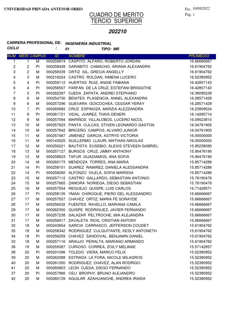 Cuadro de Merito Tercio Superior Por Ciclo | PDF