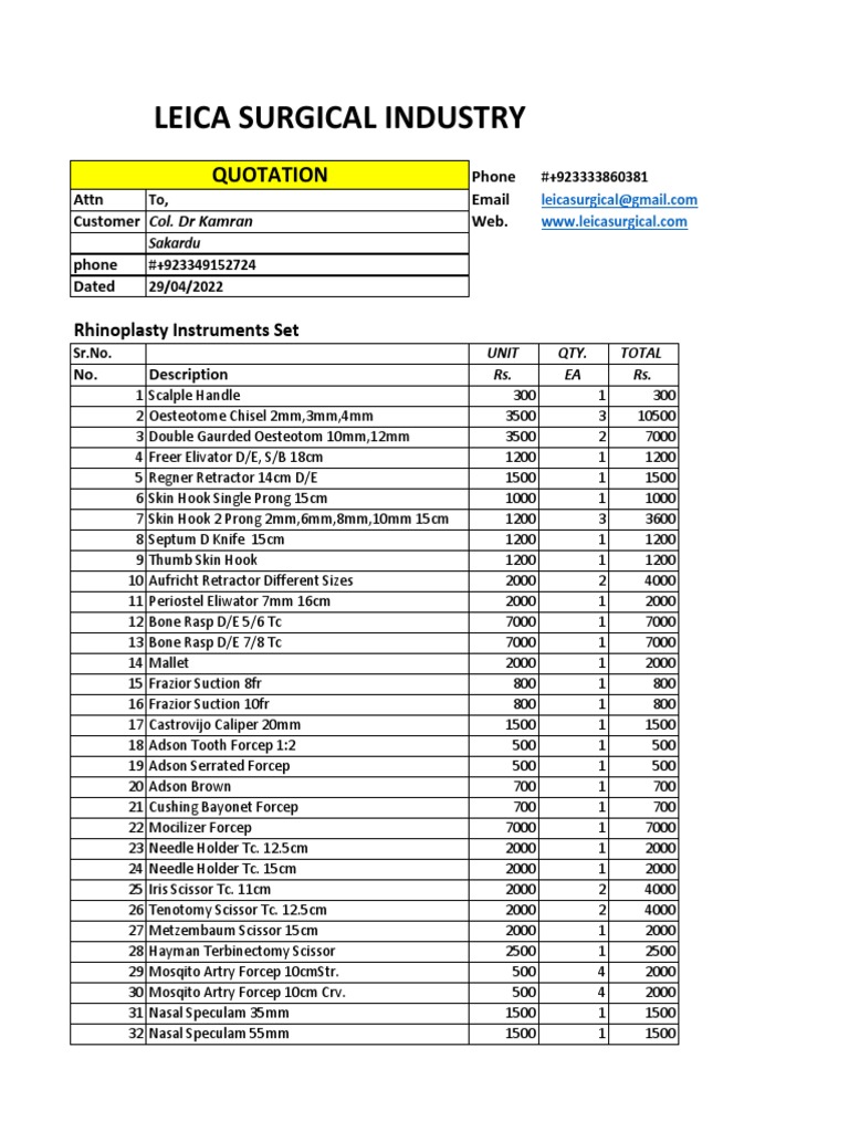 Rhinoplasty Instruments Set Quotation for Col. Dr Kamran Sakardu | PDF | Tools