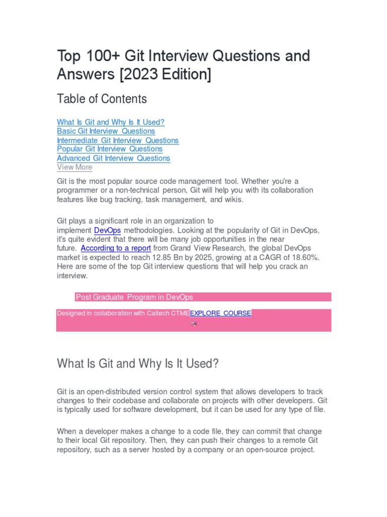 Top 100 Git Questions And Answers Pdf Version Control Computer File