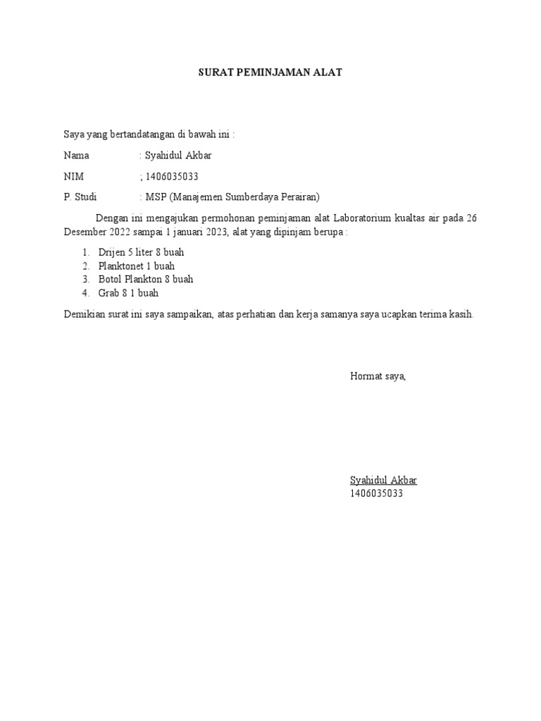 Surat Peminjaman Alat Laboratorium | PDF