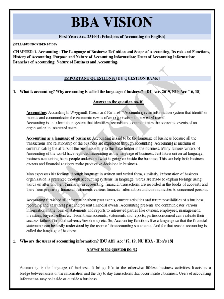 Principles of Accounting (Chapter-01) Lecture Sheet BBA VISION | PDF | Accounting | Information ...