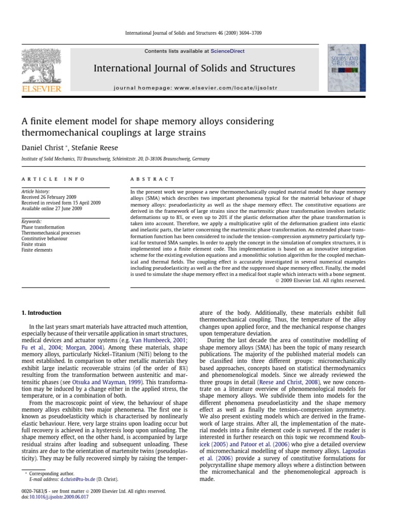 A Finite Element Model For Shape Memory Alloys Co 2009 International Journal | PDF | Shape ...