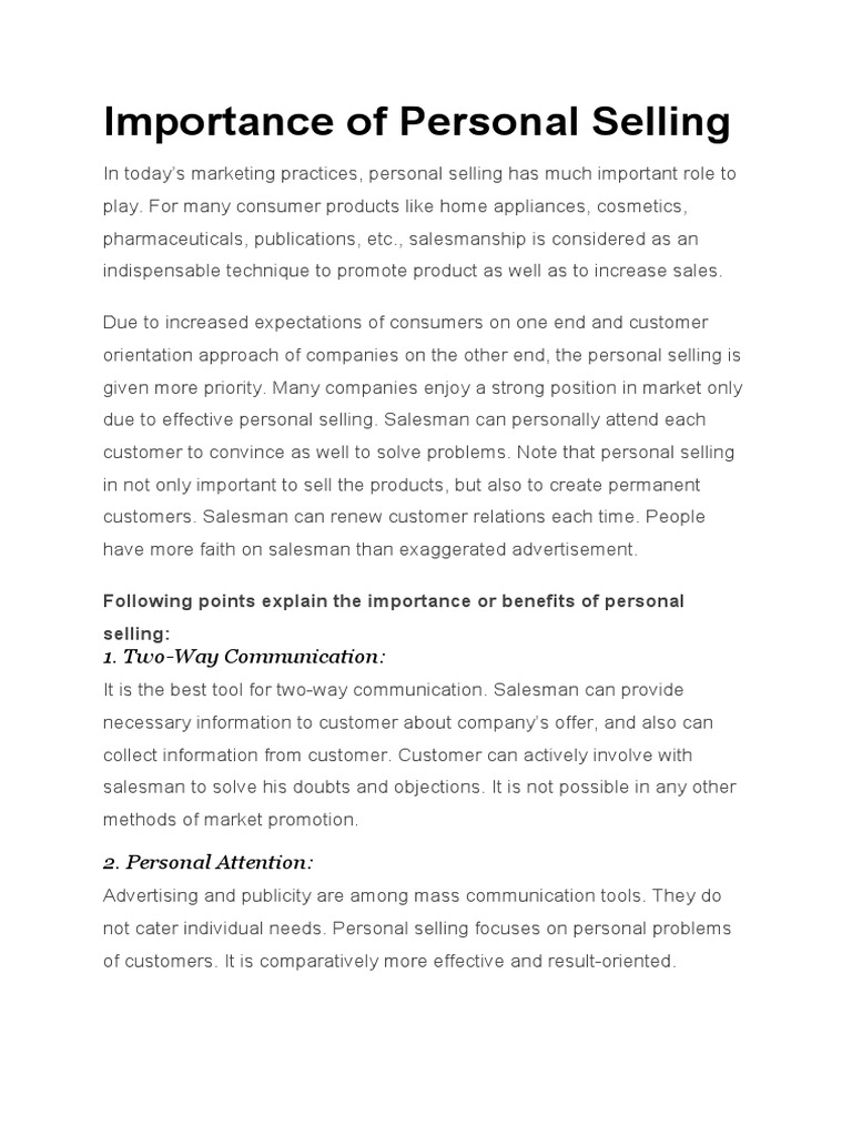 Importance of Personal Selling | PDF | Sales | Advertising Importance of Personal Selling | PDF | Sales | Advertising