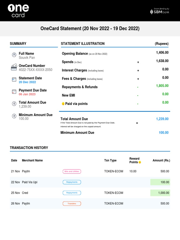 Onecard Statement (20 Nov 2022 - 19 Dec 2022) : Souvik Pan | PDF ...