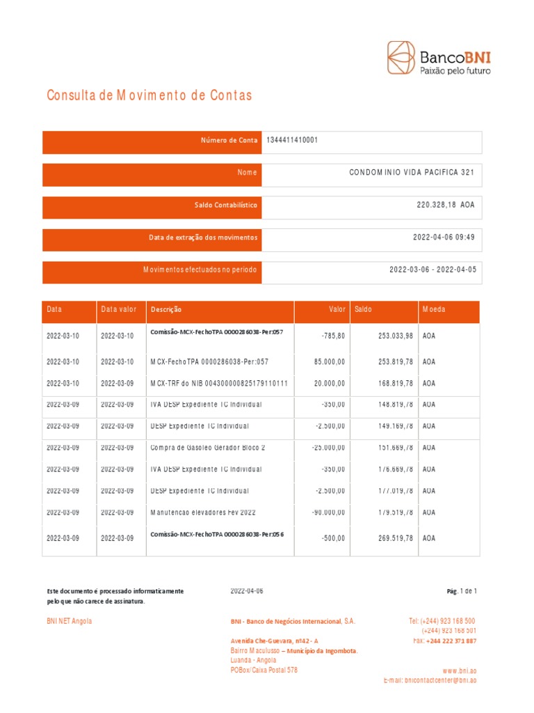 Consulta de Movimento de Conta BNI Angola | PDF