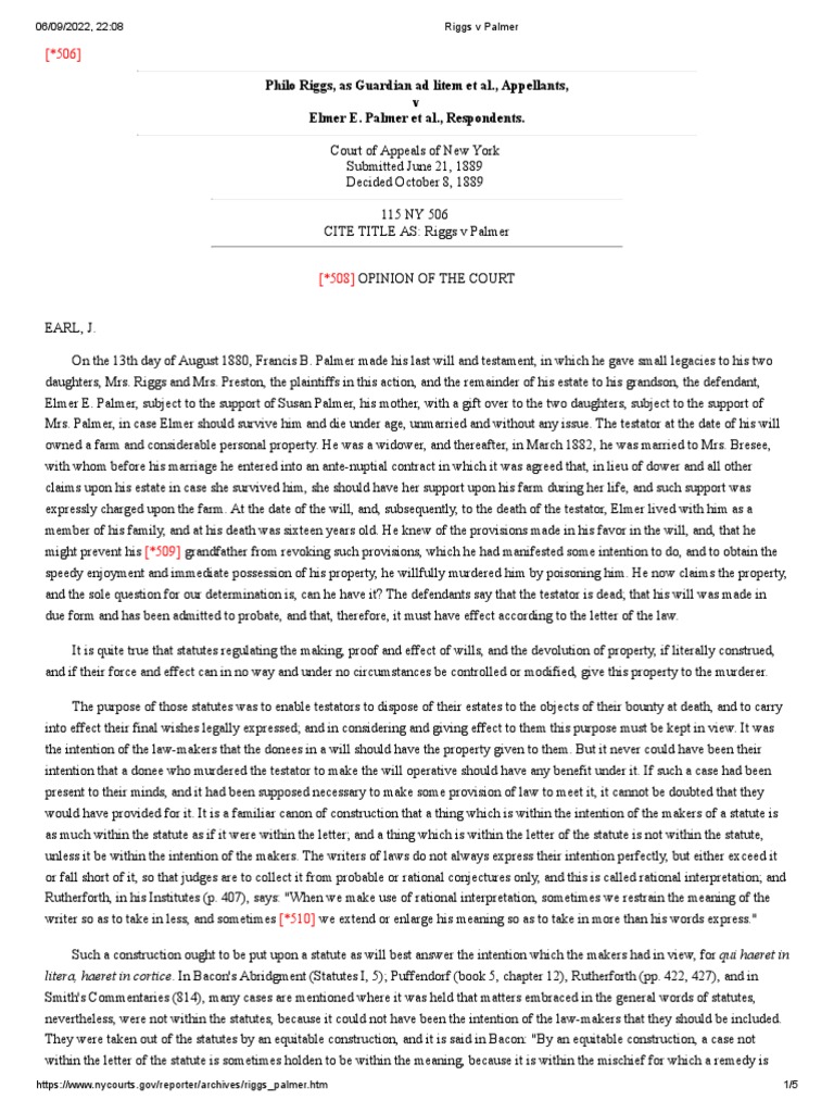 Riggs V Palmer | PDF | Will And Testament | Common Law