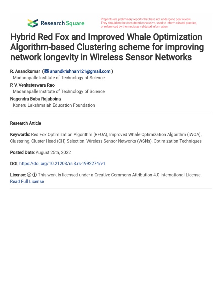 Hybrid Red Fox And Whale Optimization Algorithm Based Clustering For Wsn Longevity Pdf 