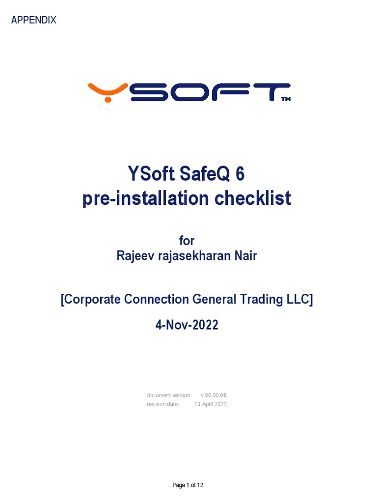 Rajeev Rajasekharan Nair - YSoft SafeQ6 Pre-Installation Checklist | PDF