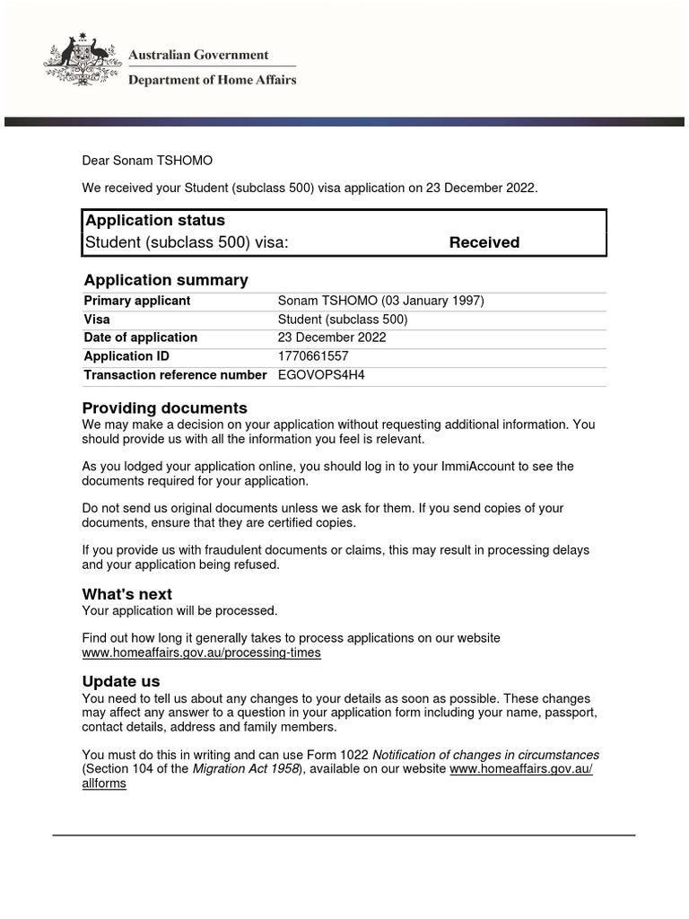 IMMI Acknowledgement of Application Received | PDF