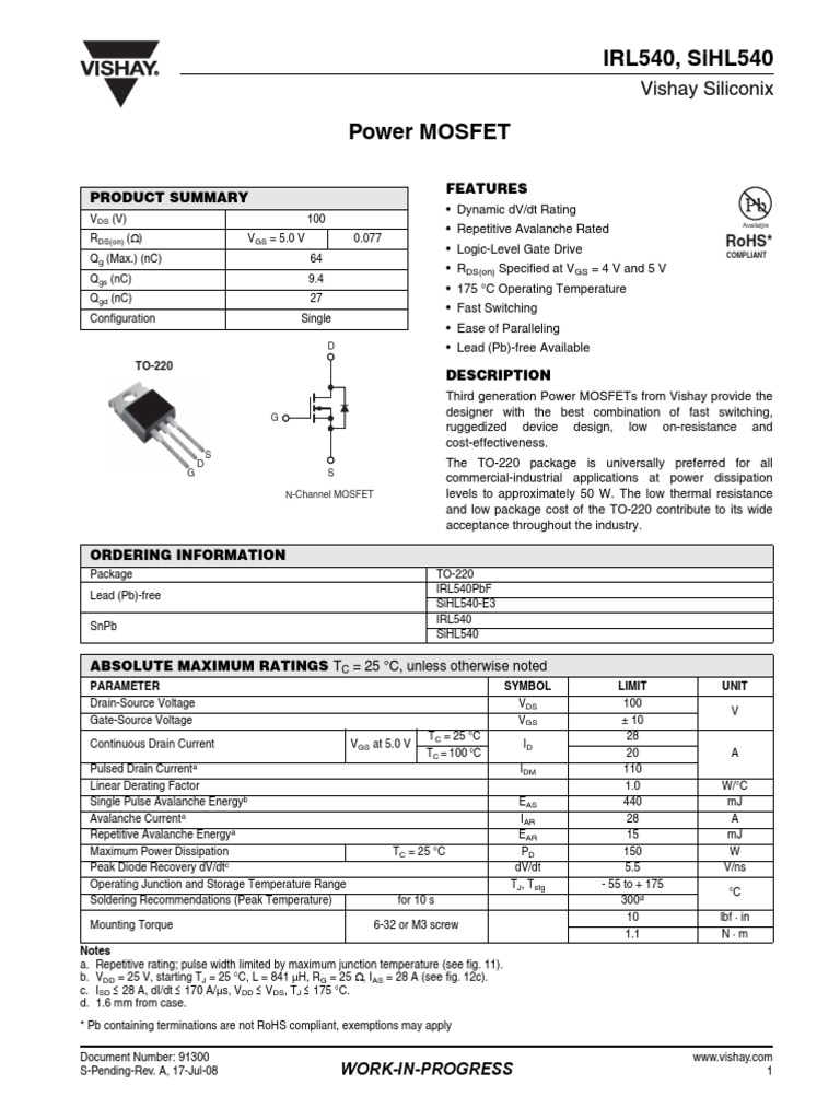 IRL540 Datasheet | PDF | Field Effect Transistor | Diode