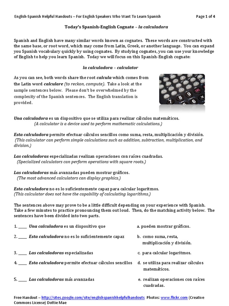 Today's Spanish-English Cognate-La Calculadora | PDF | Spanish Language ...