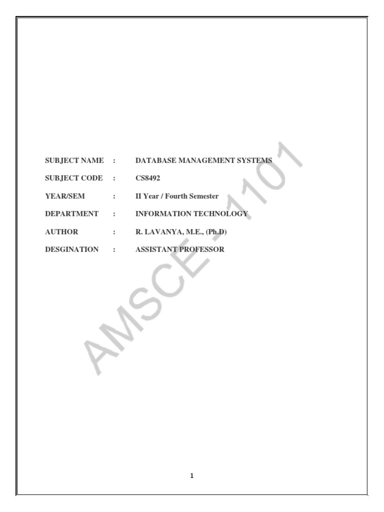 CS8492 DataBase Management Systems Question Bank Watermark | PDF | Databases | Relational Model