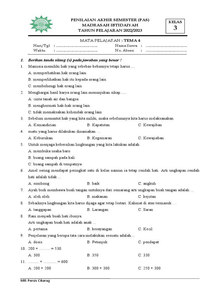 Naskah Soal Pas Kelas 3 Tema 4 | PDF