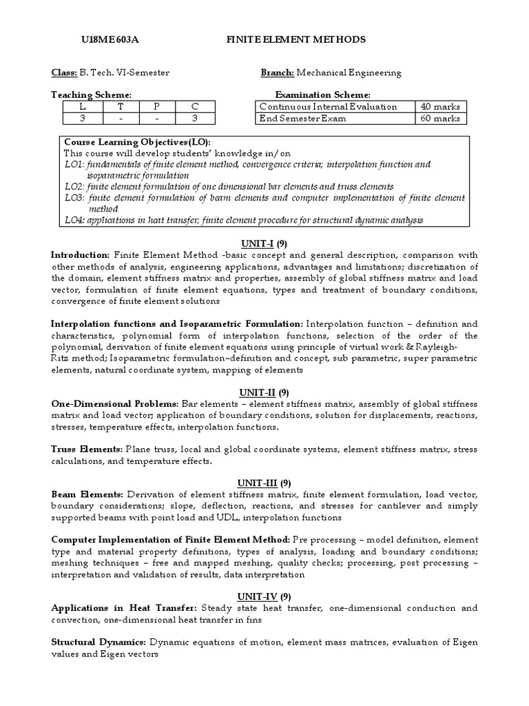FEM-U18ME603A-syllabus (1) | PDF | Finite Element Method | Matrix (Mathematics)