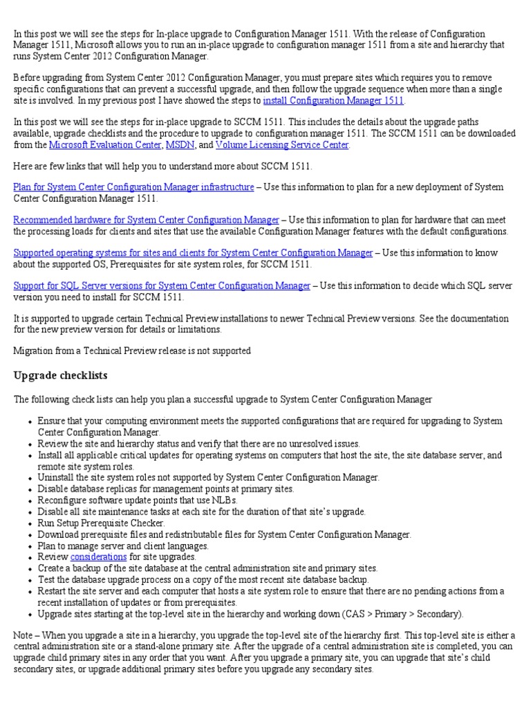 02 In Place Upgrade To Configuration Manager 1511 Pdf Windows 10 Microsoft Sql Server 