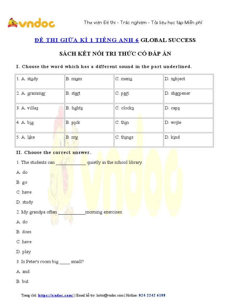 De Thi Giua Ki 1 Lop 6 Mon Tieng Anh Sach Ket Noi Tri Thuc | PDF