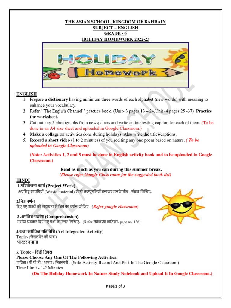 Grade 6 Holiday Homework 2022-23 | PDF