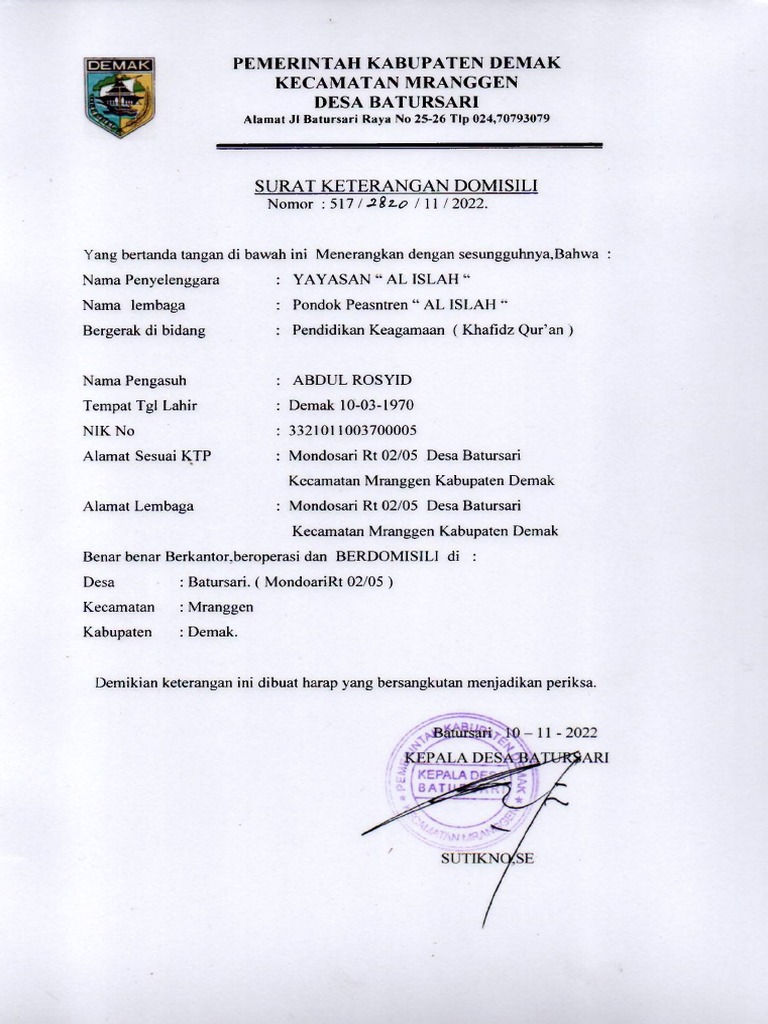 SK Domisili Al Ishlah Baru | PDF