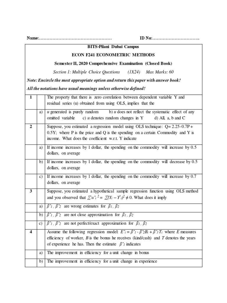 Econometrics Sample Paper Pdf Regression Analysis Ordinary Least