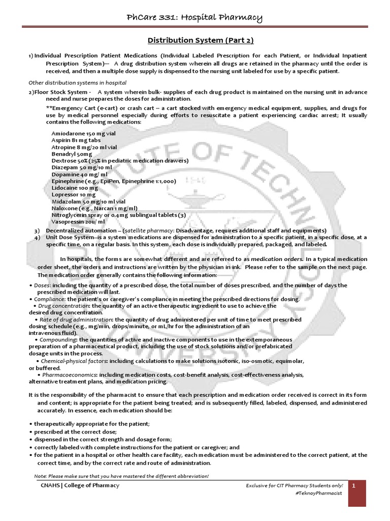 Hospital Pharmacy Notes | PDF | Chemistry | Dose (Biochemistry)