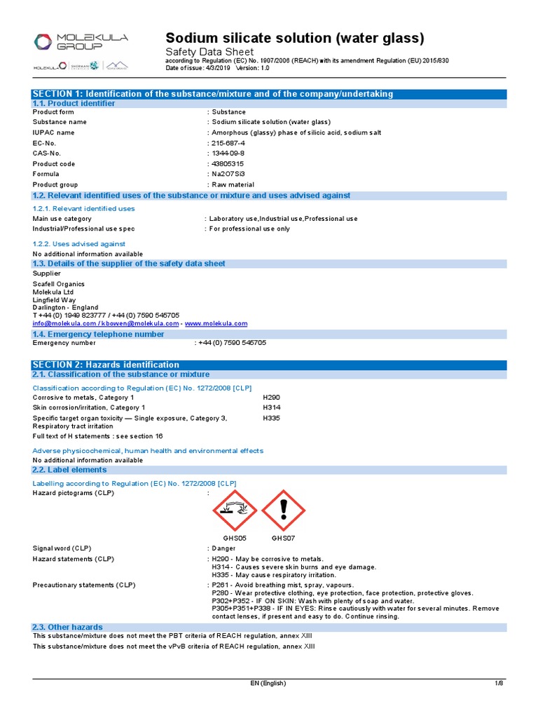 Safety Data Sheet - EN - (43805315) SODIUM SILICATE SOLUTION (WATER ... Safety Data Sheet - EN - (43805315) SODIUM SILICATE SOLUTION (WATER ...