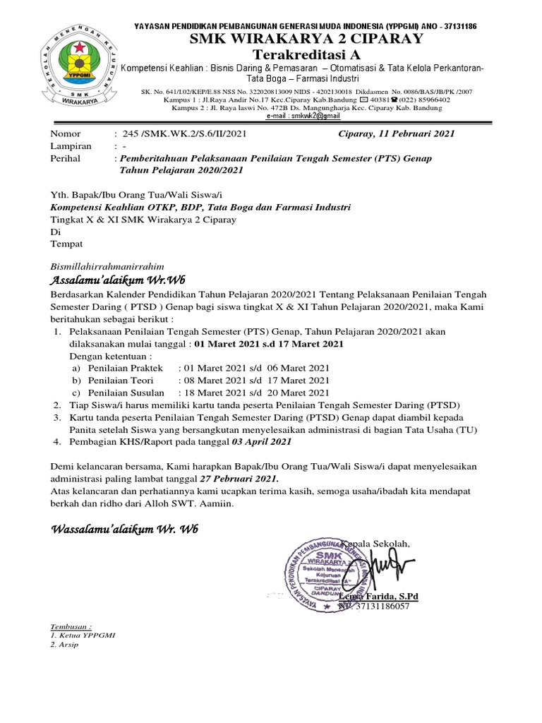 Pemberitahuan PTS Genap SMK Wirakarya 2 | PDF