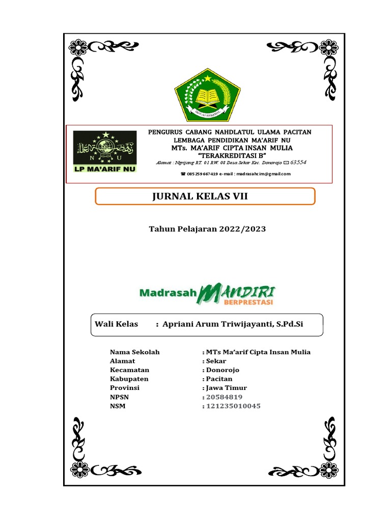 COVER Absen Kelas Dan Jurnal Kelas Mts Cim 2022 77 | PDF