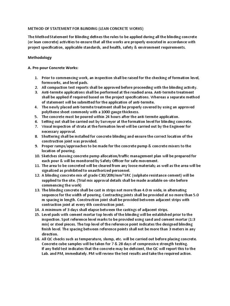 Method of Statement For Blinding Work | PDF | Concrete | Personal ...