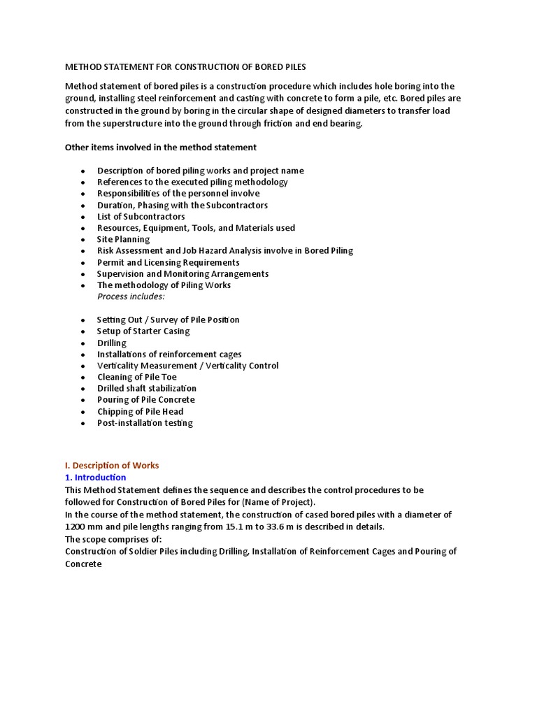 Method of Statement For Bored Piles | PDF | Deep Foundation | Casing ...