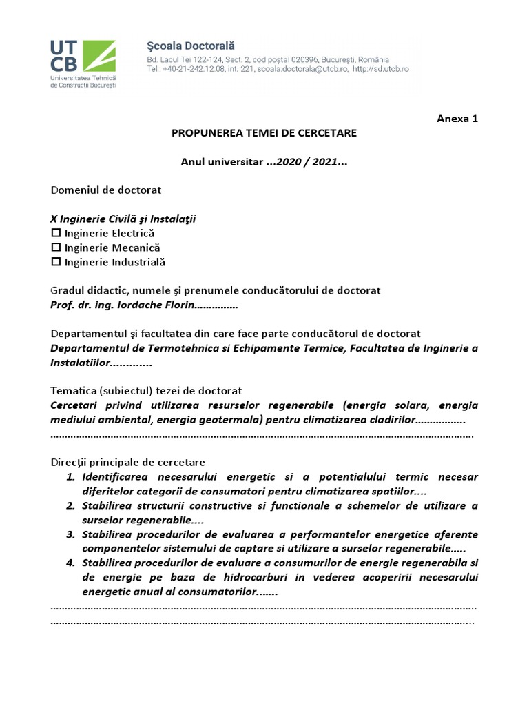 Fisa Propunere Tema de Cercetare Doctorat 1 | PDF