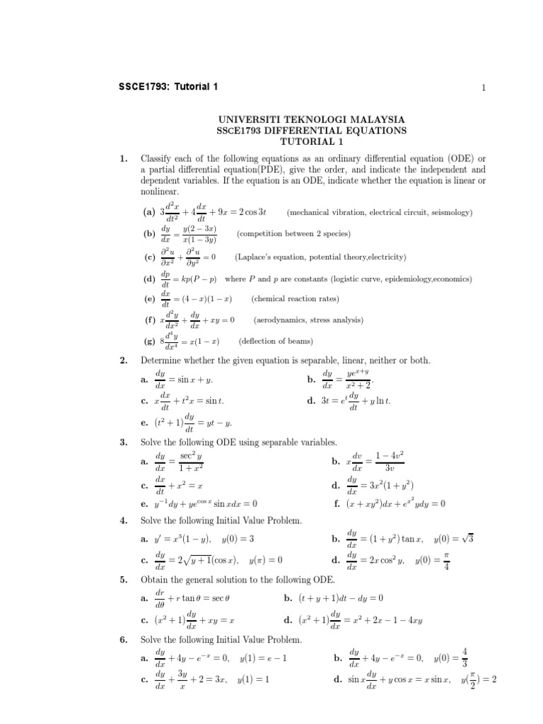Ssce1793 Tutorial 1 First Order Ode Pdf Voltage Electrical Network