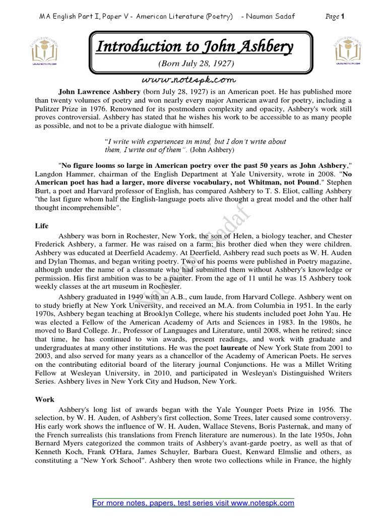 John Ashbery MA English Part 1 | PDF