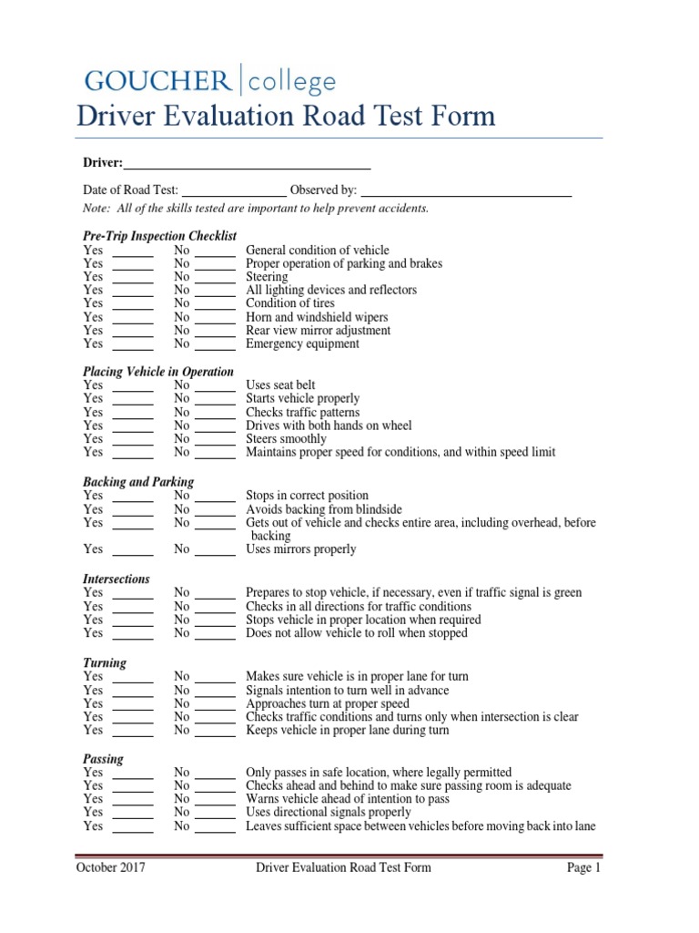 Vehicle Policy Driver Evaluation Road Test Form | PDF | Traffic | Vehicles