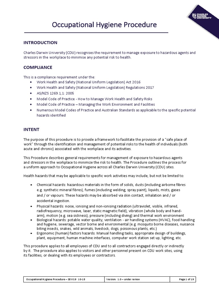 Occupational Hygiene Procedure - Sew19 | PDF | Occupational Hygiene ...
