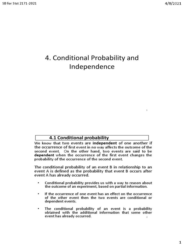 4 Conditional Probability and Independence-Std | PDF | Probability ...