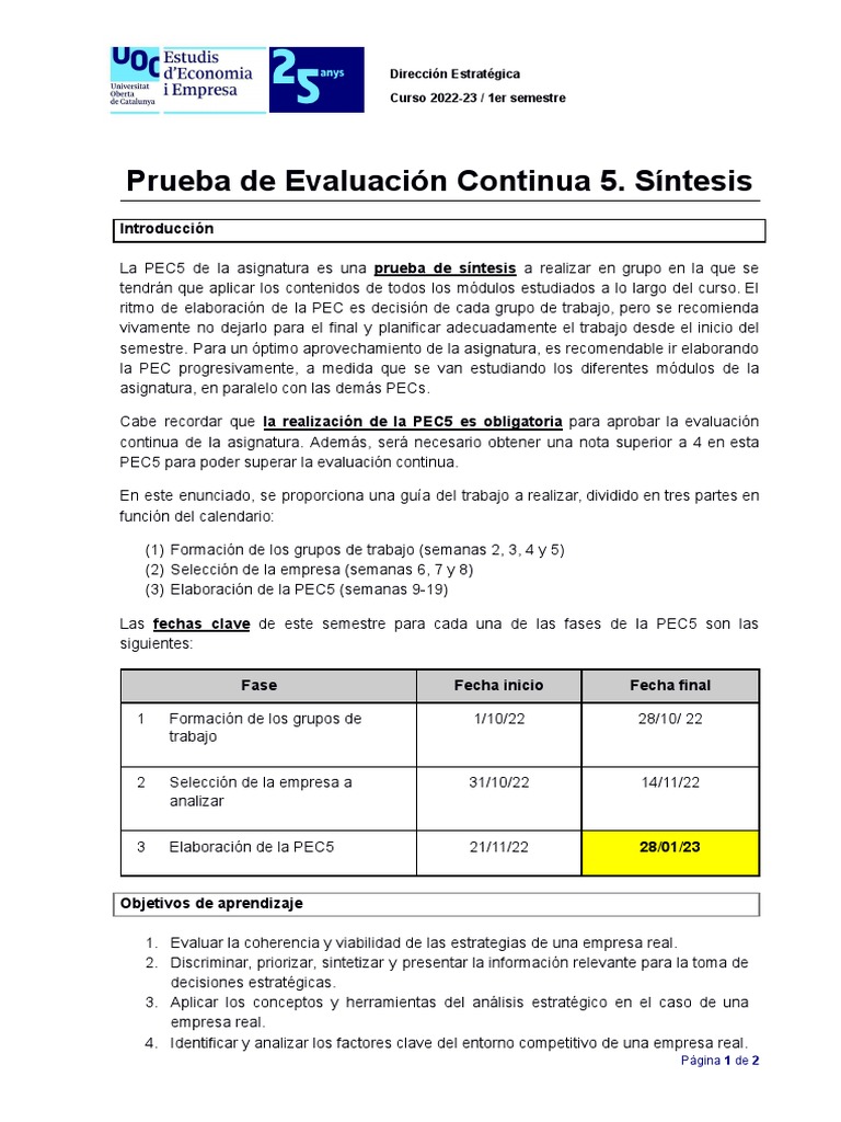 71.513 - 2022 - S1 - Enunciado PEC5 UOC Direccion Estrategica | PDF | Business | Evaluación