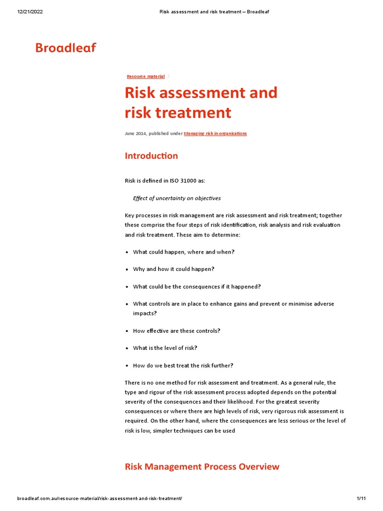 Risk Assessment and Risk Treatment - Broadleaf | PDF | Risk | Risk ...