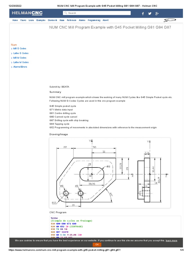NUM CNC Mill Program Example With G45 Pocket Milling G81 G84 G87 ...