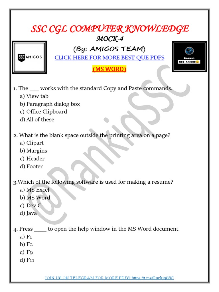 SSC CGL Computer Mock Test-4 (MS Word) | Download Free PDF | Microsoft ...