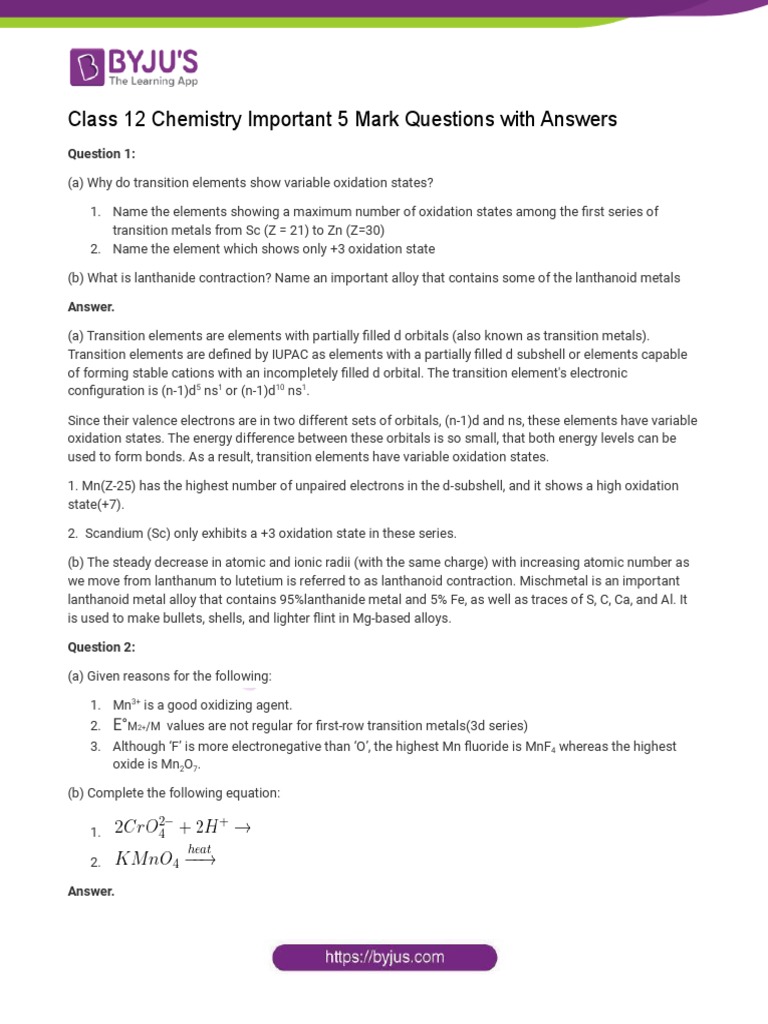 Class 12 Chemistry Important 5 Marks Questions With Answers PDF | PDF | Transition Metals ...