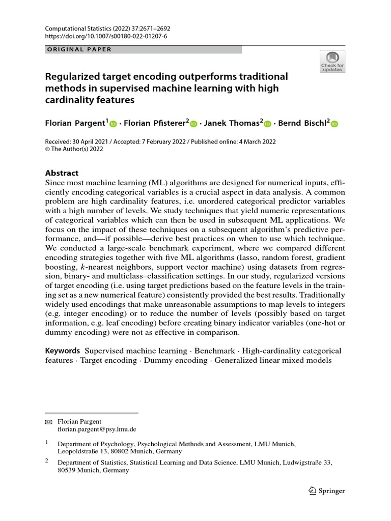 Regularized Target Encoding Outperforms Traditional Methods in Supervised Machine Learning With ...