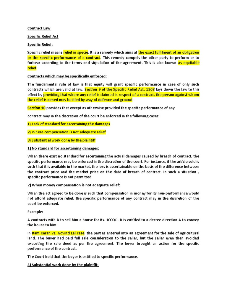 Contract Law Specific Relief Act | PDF | Injunction | Specific Performance