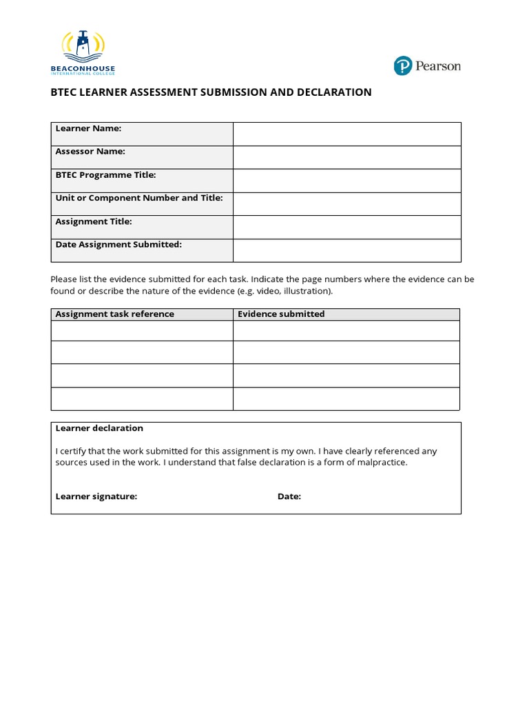 BTEC Learner Assessment Declaration Form | PDF | Computers