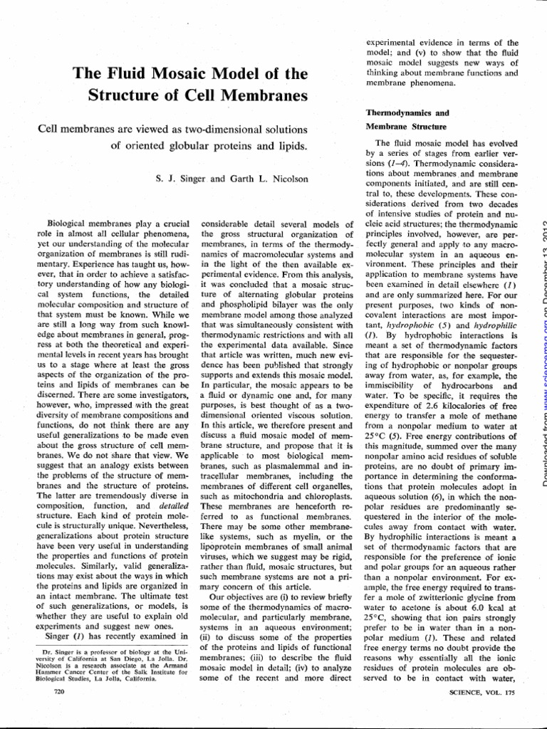 Singer and Nicolson in 1972 The Fluid Mosaic Model | PDF