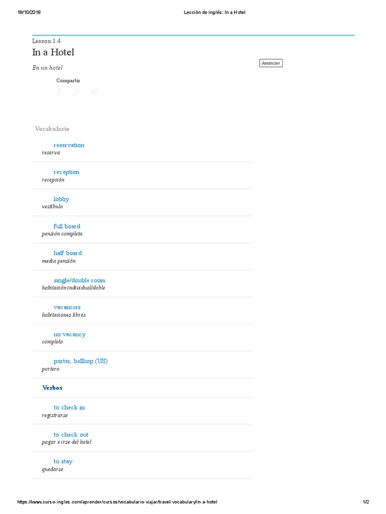 Hotel Vocabulary and Useful Phrases | PDF