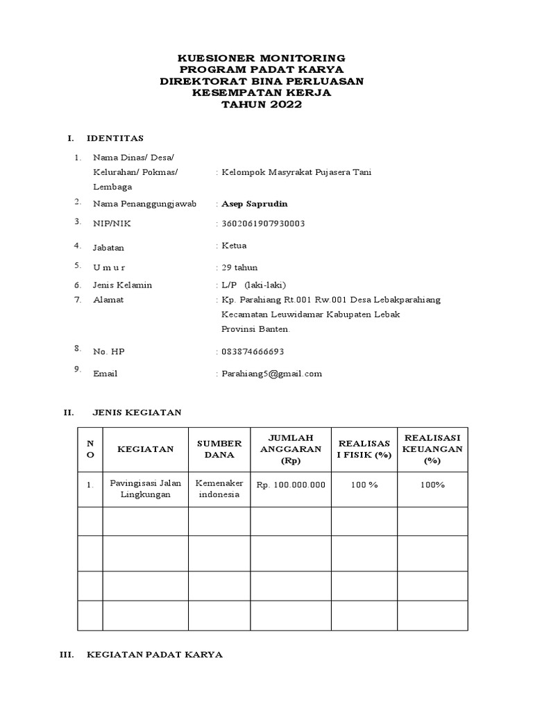 Kuesioner Monev Padat Karya BPKK 2022 | PDF