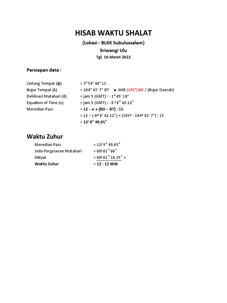 Hisab Waktu Shalat Zuhur & Ashar 1 | PDF